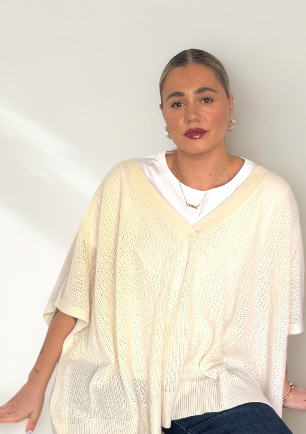 Cashmere Open Stitch Poncho Top in Chalk - Loop Cashmere