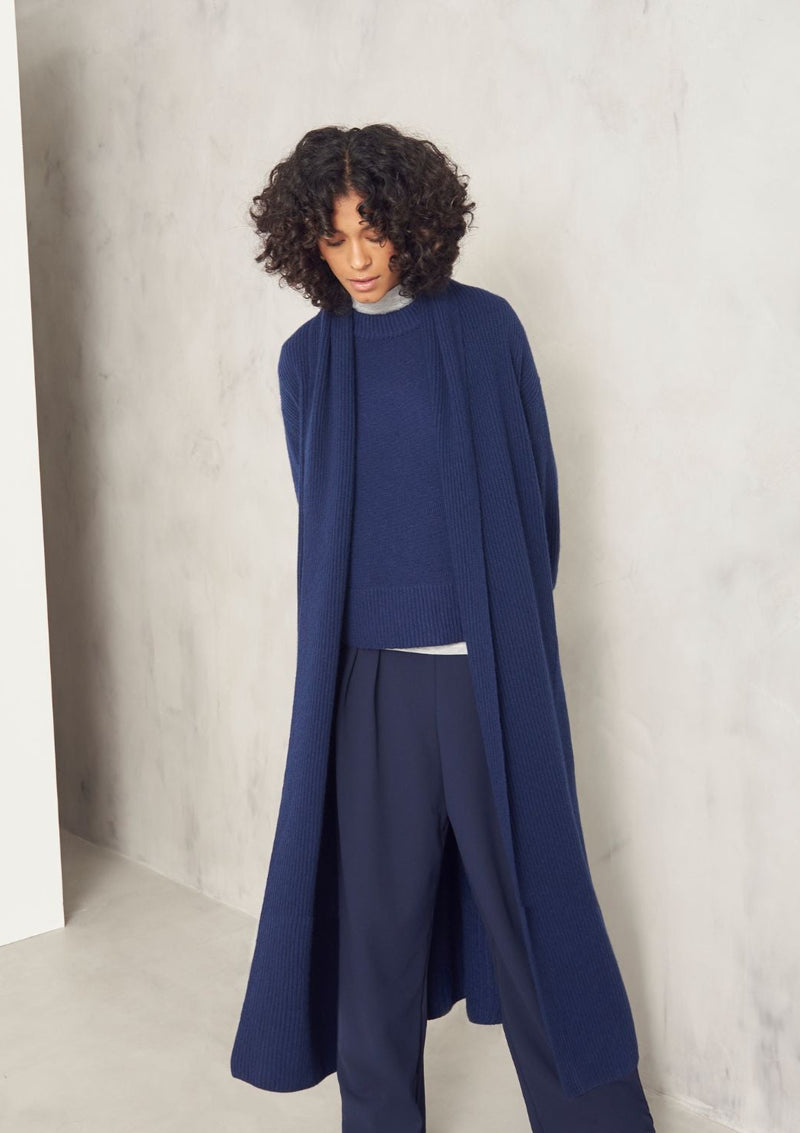Ribbed Cashmere Coatigan in Midnight Blue- loopcashmere.co.uk