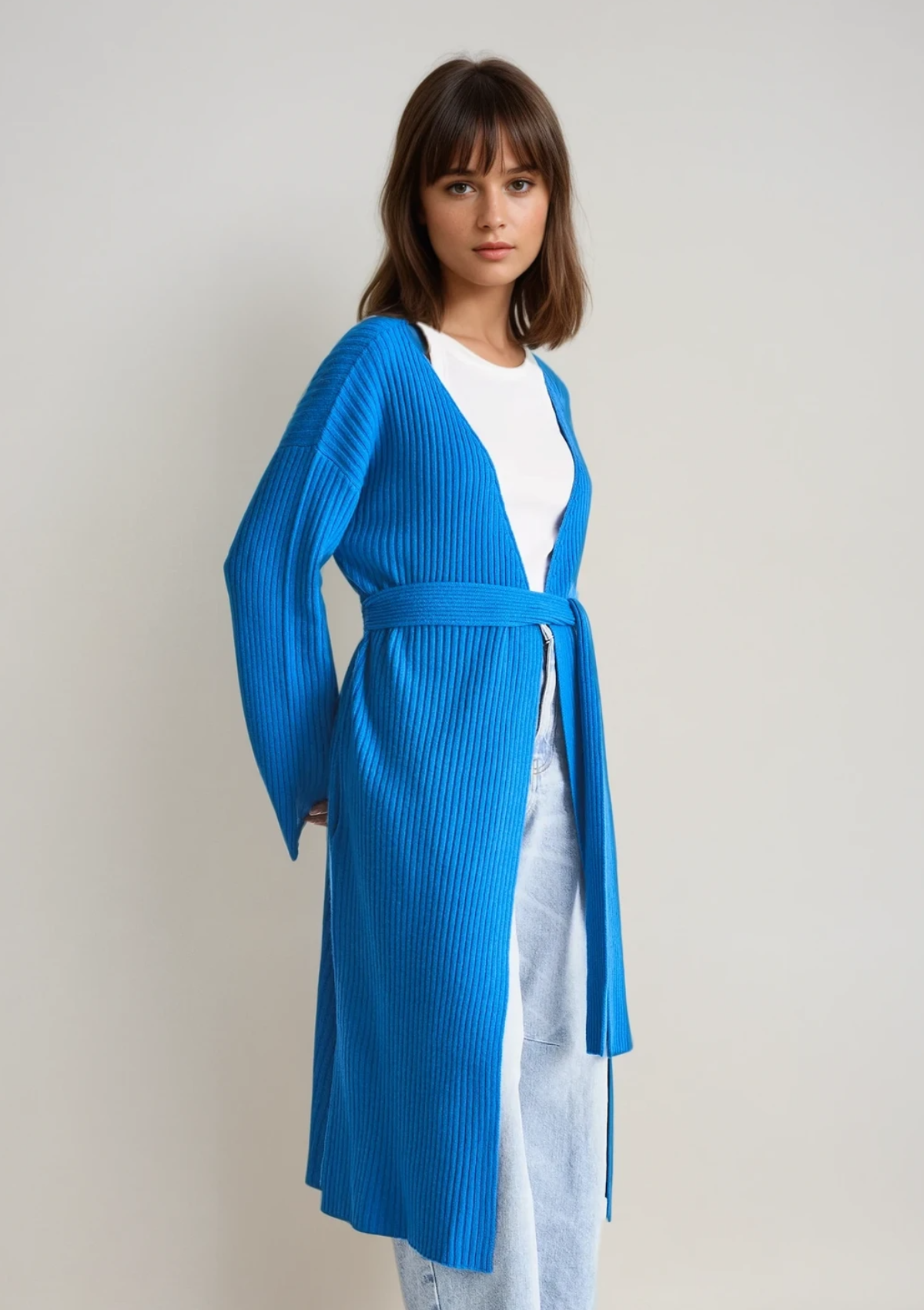 Longline Cashmere Belted Cardigan in Jetstream Blue